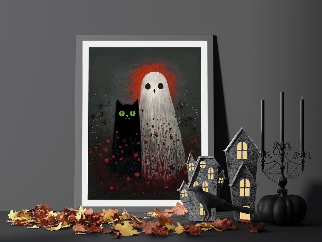 Cute Halloween Ghost With Cat Wall Art Print, Whimsical Gothic Ghost ...