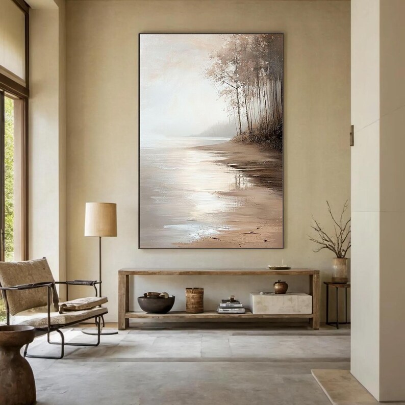 Misty Lakeside Birch Trees Oil Painting: Neutral Beige Calm Nature Wall ...