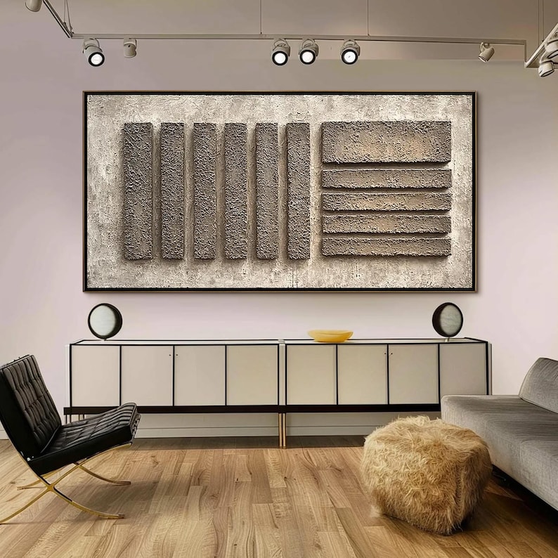 Textured Neutral Abstract Canvas Art, Geometric Impasto Sculpture ...