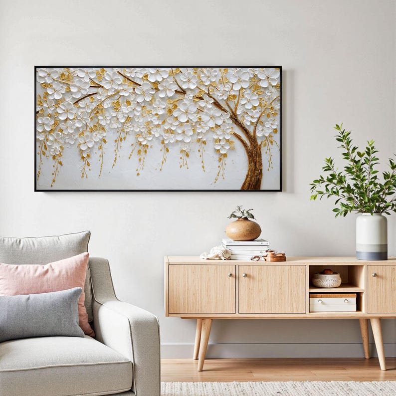 Gold Accent White Blossom Tree Relief Art, 3D Floral Wall Sculpture - Etsy