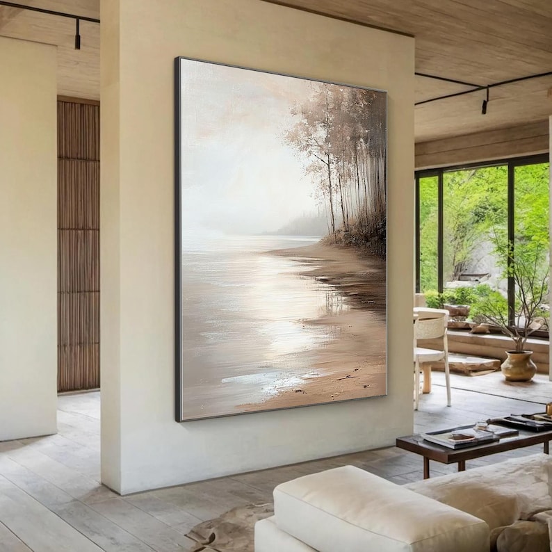 Misty Lakeside Birch Trees Oil Painting: Neutral Beige Calm Nature Wall ...