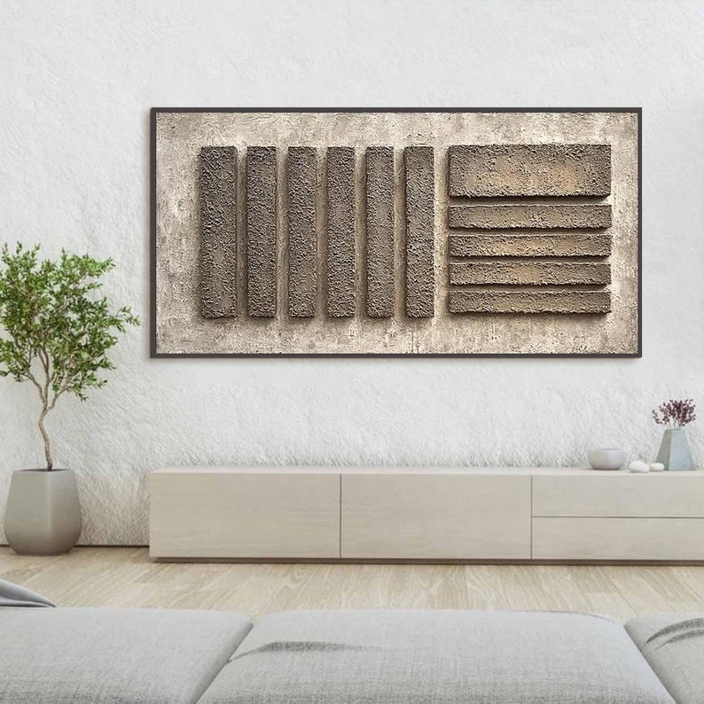 Textured Neutral Abstract Canvas Art, Geometric Impasto Sculpture ...