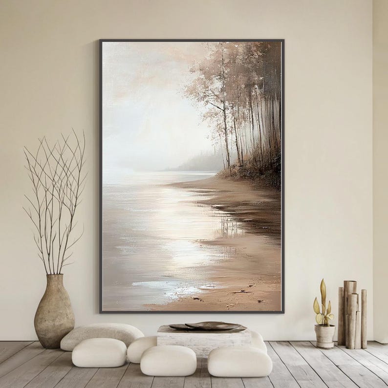 Misty Lakeside Birch Trees Oil Painting: Neutral Beige Calm Nature Wall ...