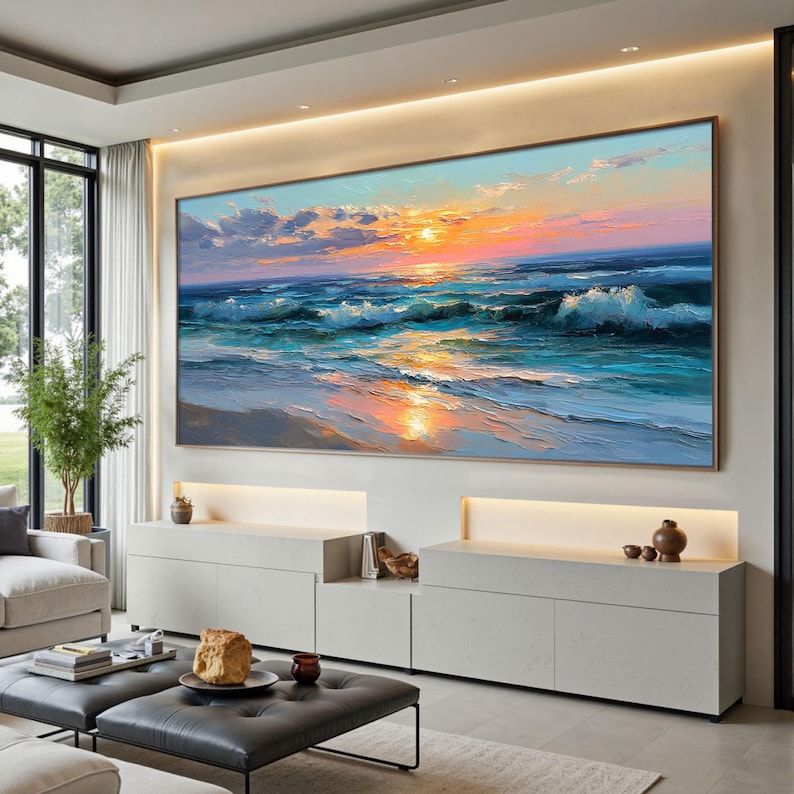 Textured Impasto Sunset Oil Painting, Ocean Waves, Coastal Wall Art - Etsy