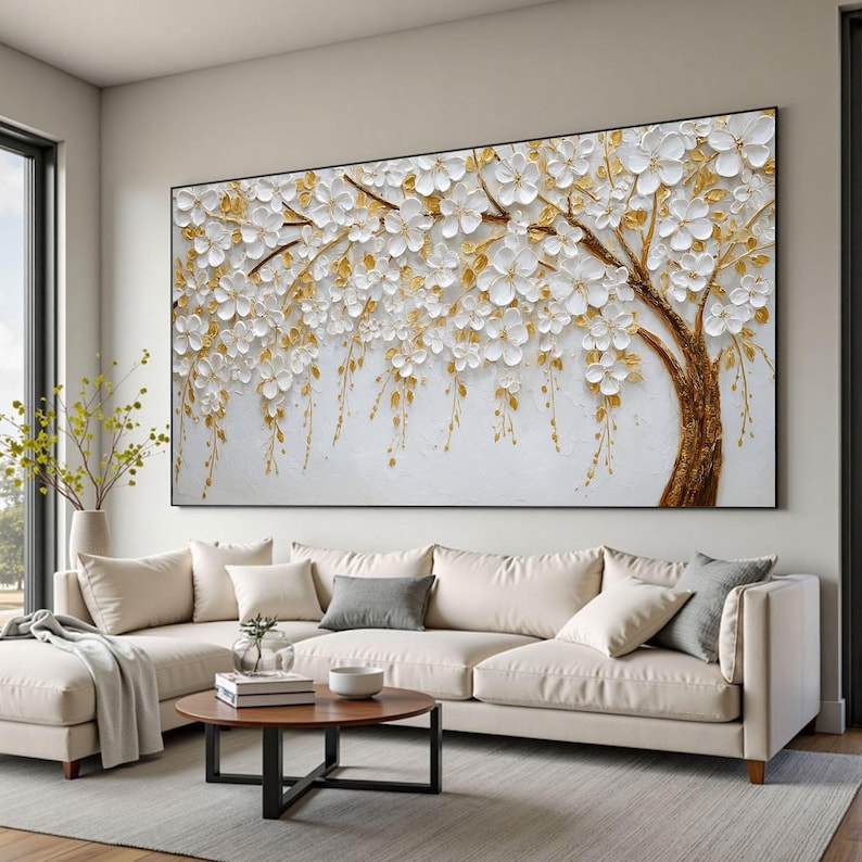 Gold Accent White Blossom Tree Relief Art, 3D Floral Wall Sculpture - Etsy