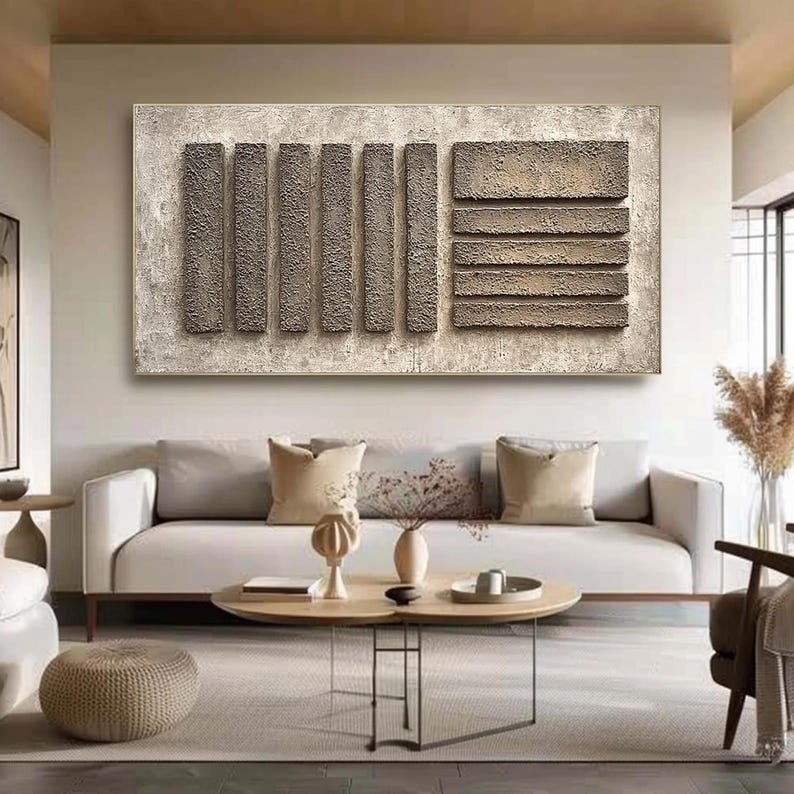 Textured Neutral Abstract Canvas Art, Geometric Impasto Sculpture ...