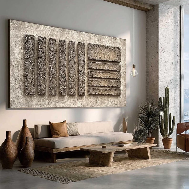 Textured Neutral Abstract Canvas Art, Geometric Impasto Sculpture ...