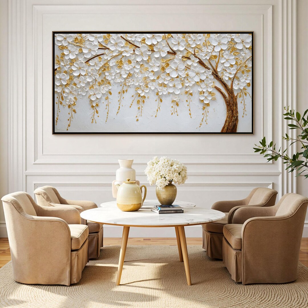 Gold Accent White Blossom Tree Relief Art, 3D Floral Wall Sculpture - Etsy