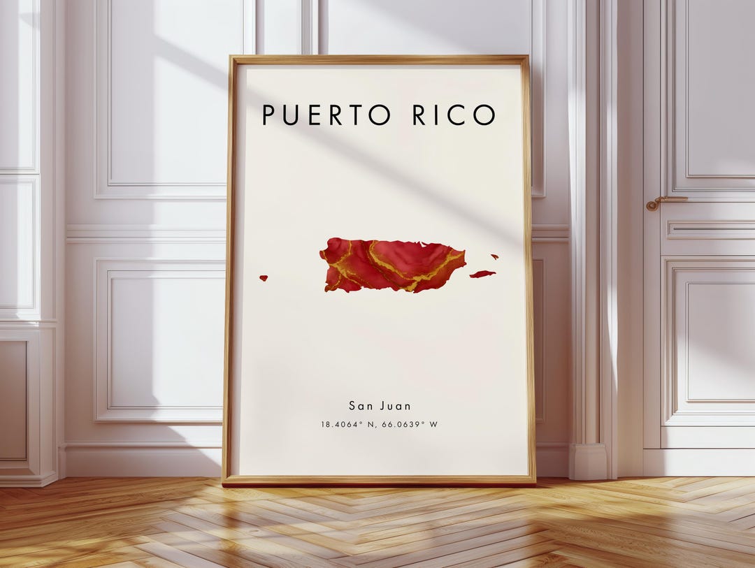 Puerto Rico Map DIGITAL Poster | Red and Gold | North America | Wall ...