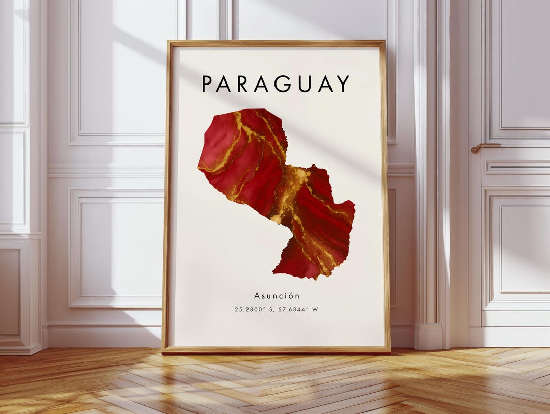 Paraguay Map DIGITAL Poster | Red and Gold | South America | Geography ...