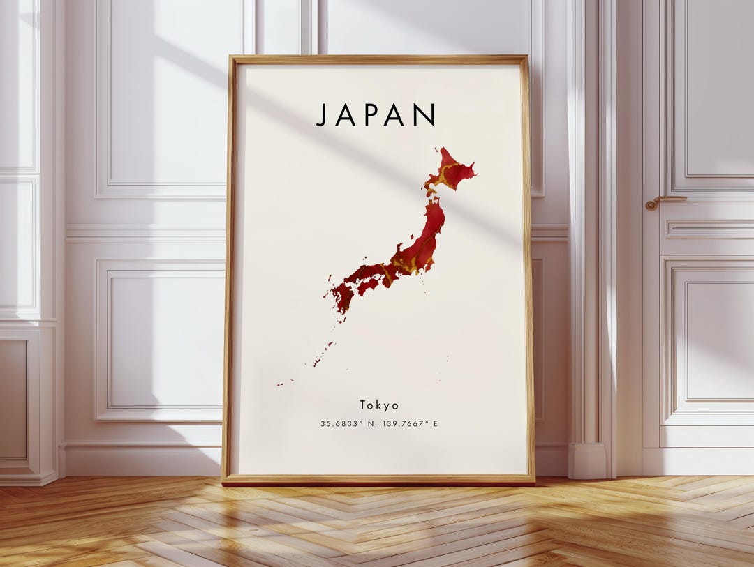 Japan Map DIGITAL Poster | Red and Gold | Asia | Wall Art Print | Home ...