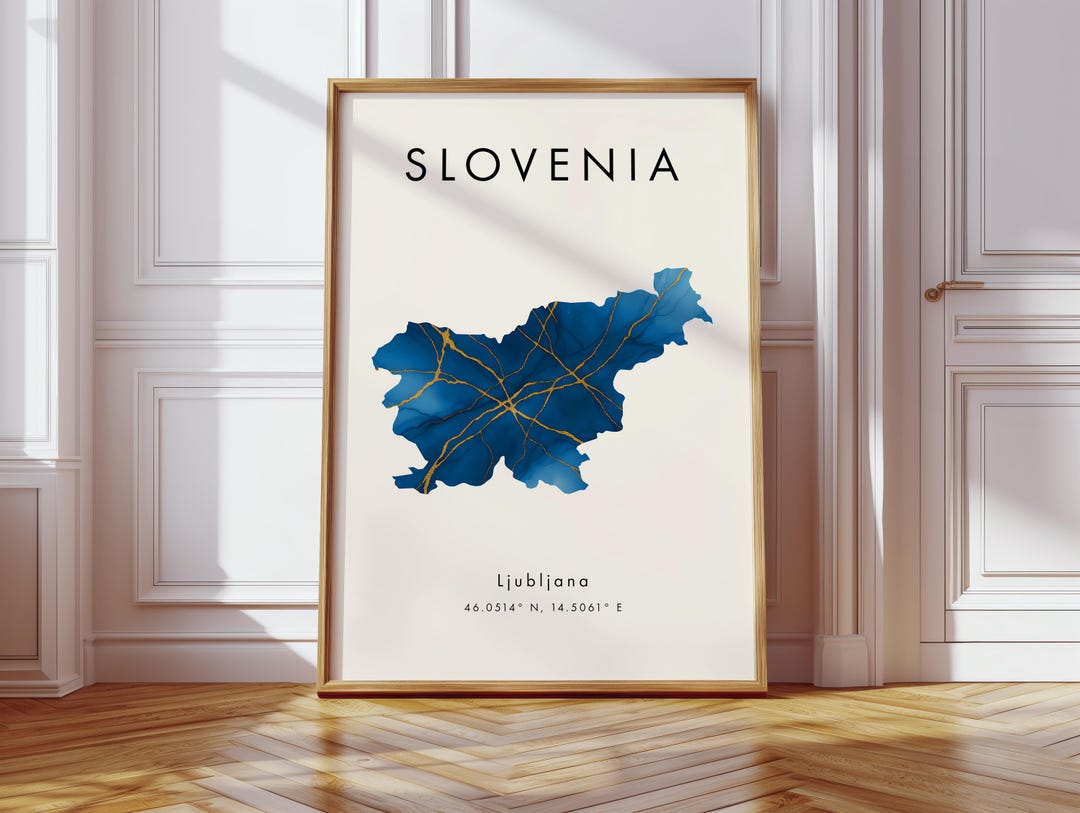 Slovenia Map DIGITAL Poster | Blue and Gold | Europe | Wall Art Print ...
