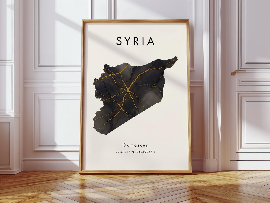 Syria Map DIGITAL Poster | Black and Gold | Asia | Wall Art Print ...