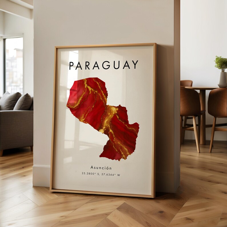 Paraguay Map DIGITAL Poster | Red and Gold | South America | Geography ...