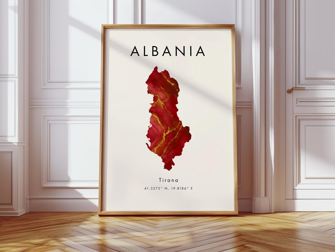 Albania Map DIGITAL Poster | Red and Gold | Europe | Wall Art Print ...