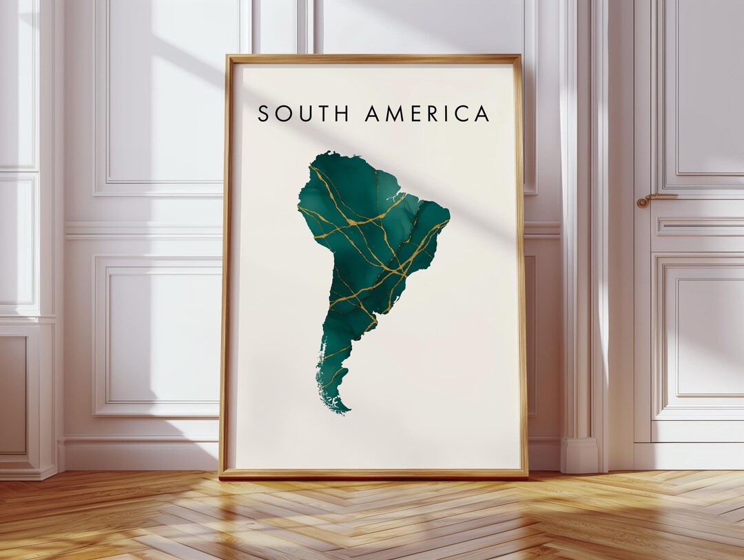 South America Map DIGITAL Poster | Green and Gold | Wall Art Print ...