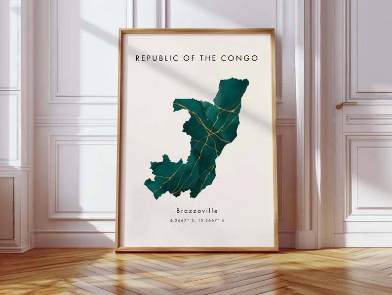 Republic of the Congo Map DIGITAL Poster | Green and Gold | Africa ...