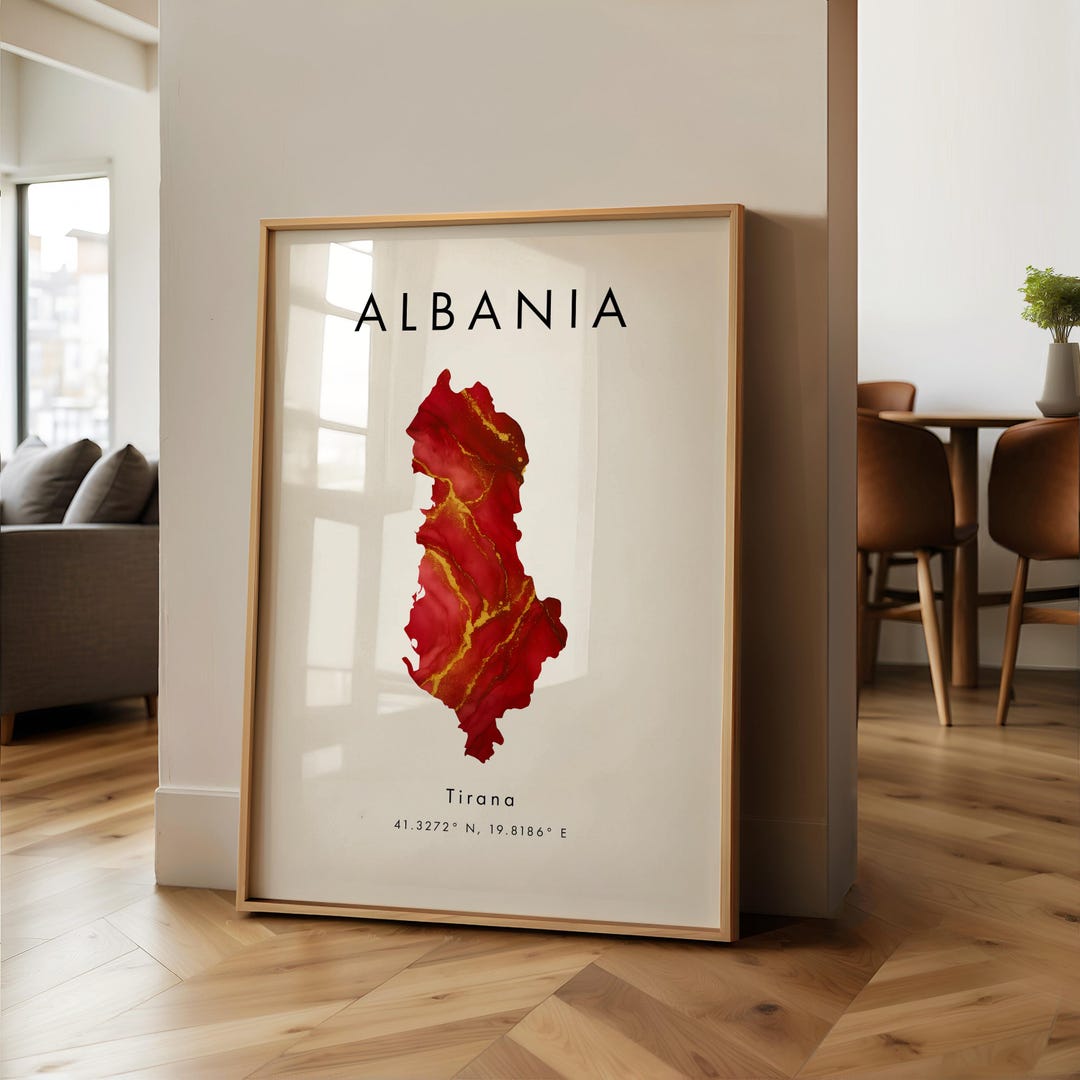 Albania Map PRINTED Poster | Red and Gold | Europe | Wall Art Print ...