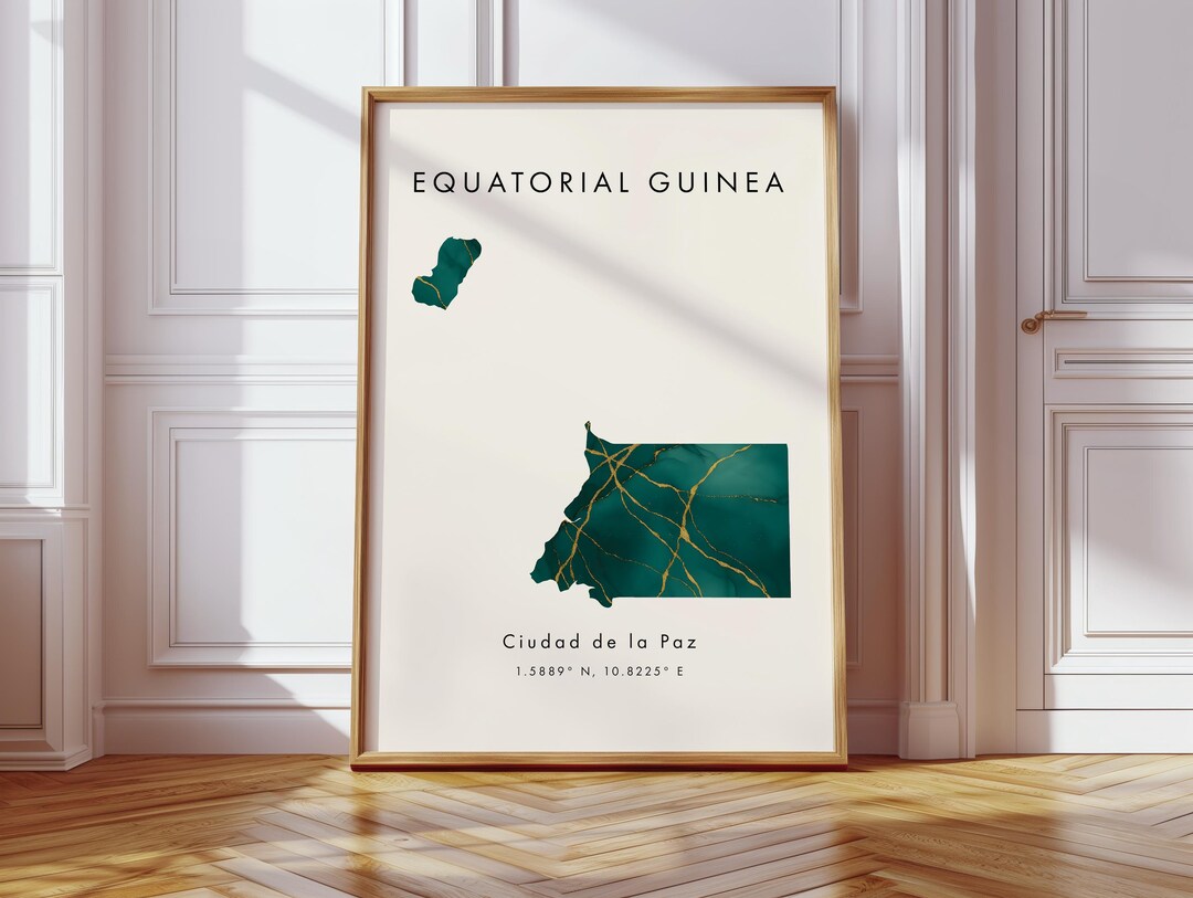 Equatorial Guinea Map DIGITAL Poster | Green and Gold | Africa | Wall ...