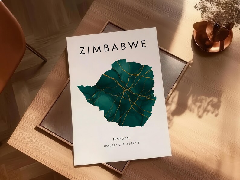 Zimbabwe Map DIGITAL Poster | Green and Gold | Africa | Wall Art Print ...