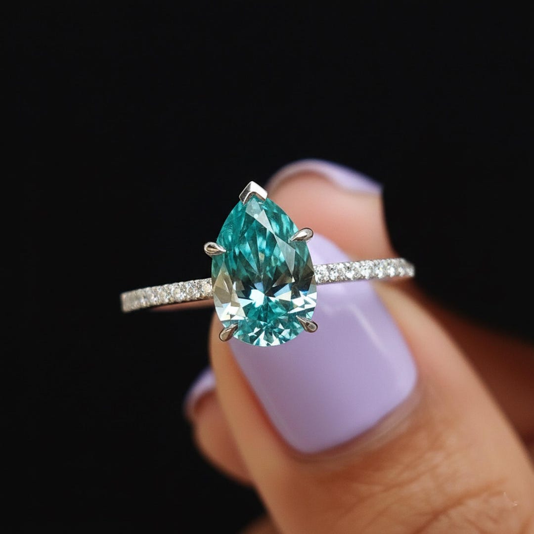 Cyan Blue Pear Cut Moissanite Diamond Ring, Delicate Solitaire Accents ...