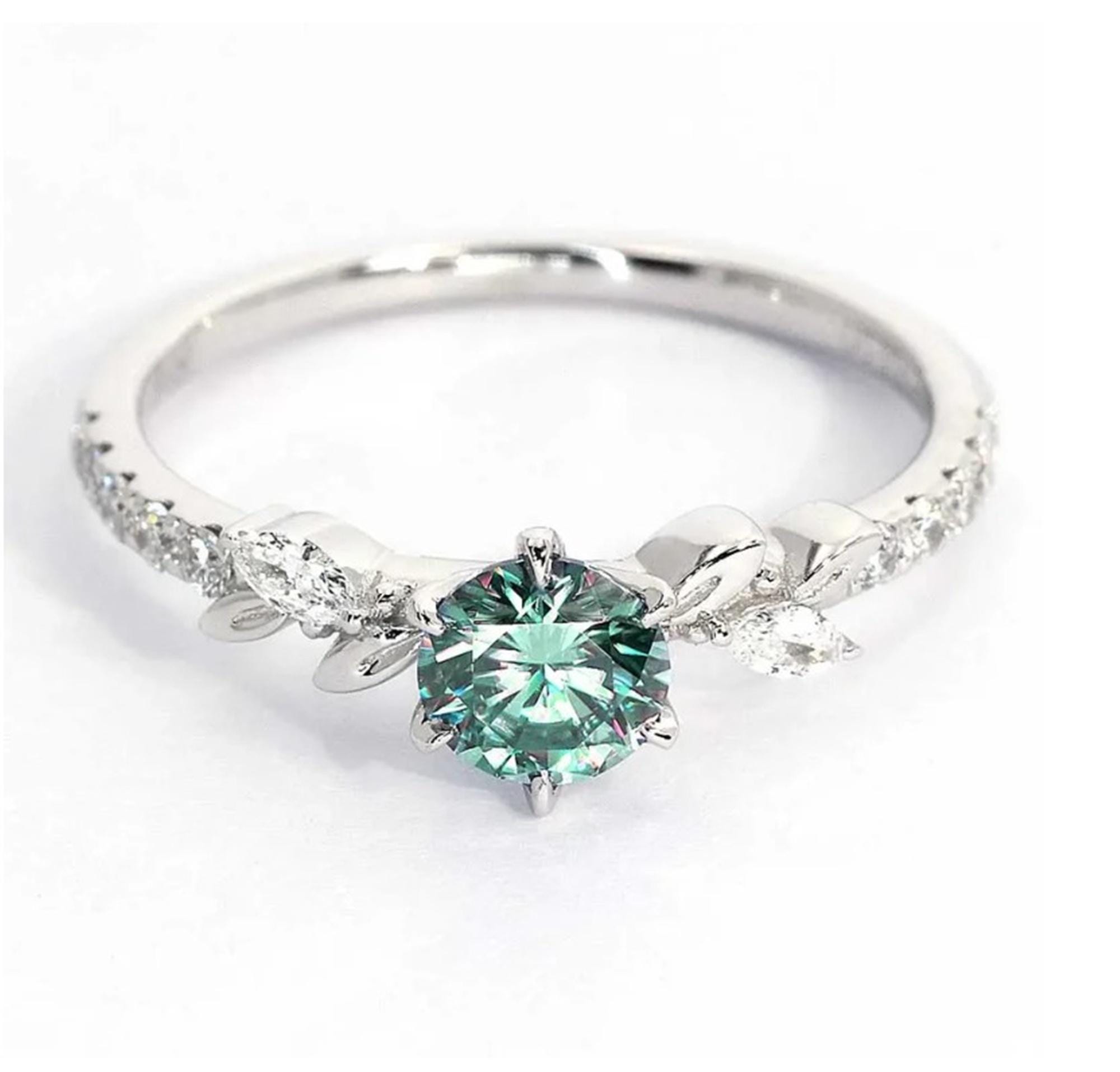 Delicate Leaf Design Ring, Forest Green Round Moissanite Ring in White ...