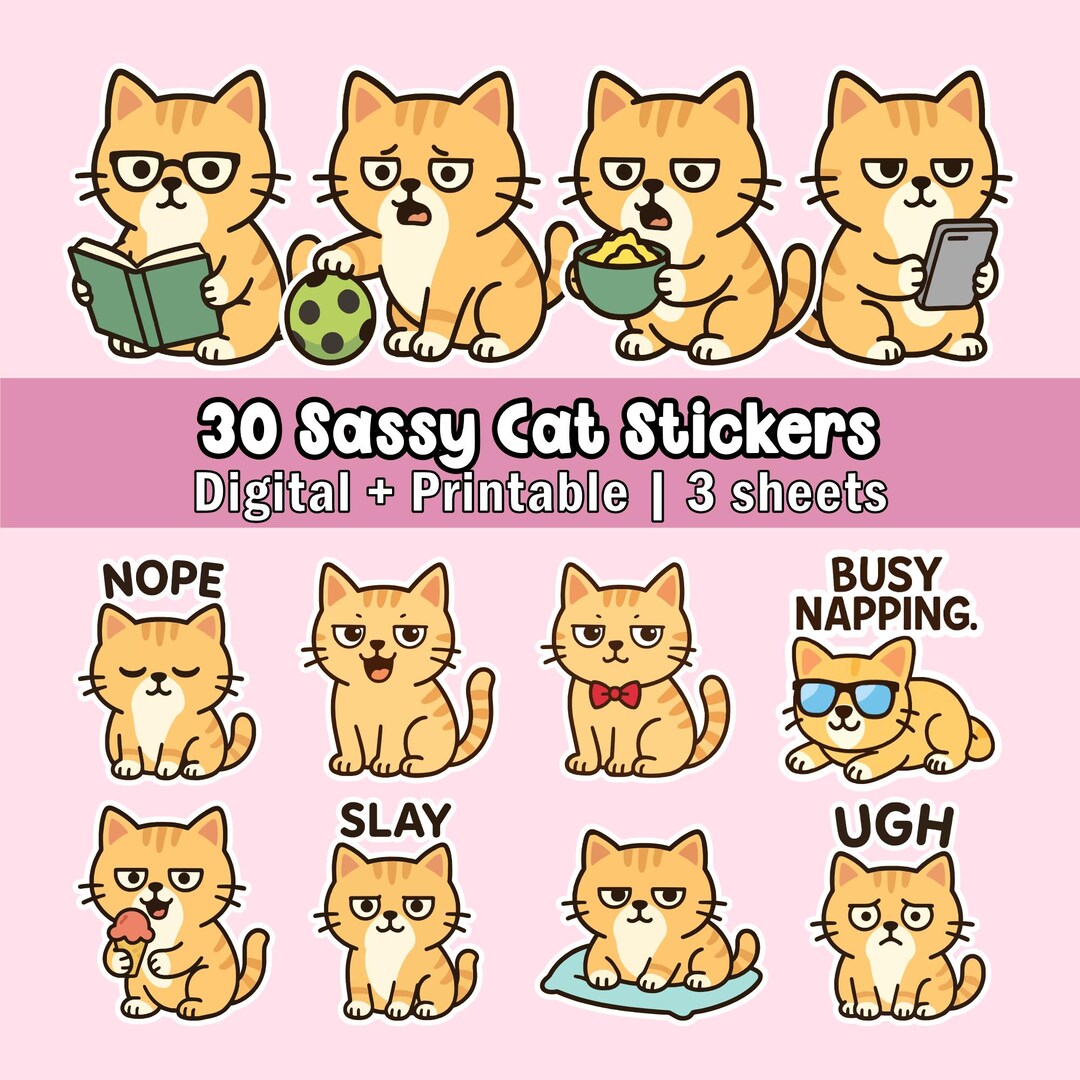 Sassy Cat Stickers: Kawaii Digital Stickers for Planner & Journal (3 ...