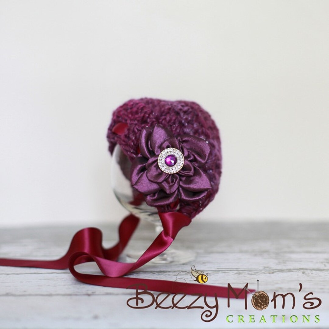 IN STOCK Newborn Purple Bonnet With Flower - Photography Prop - Etsy