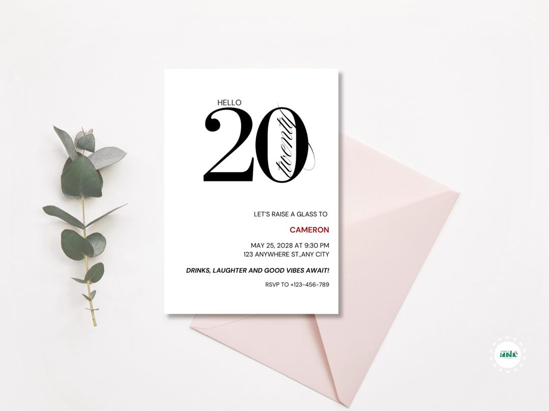 20th Birthday Invitation Template Editable Modern Minimal Birthday ...