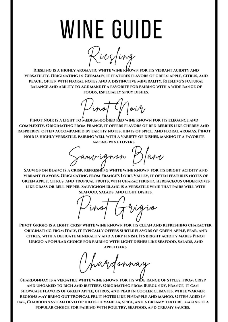 Wine Guide Print, Wine Chart, Wine Wall Art, Kitchen Art Printable ...