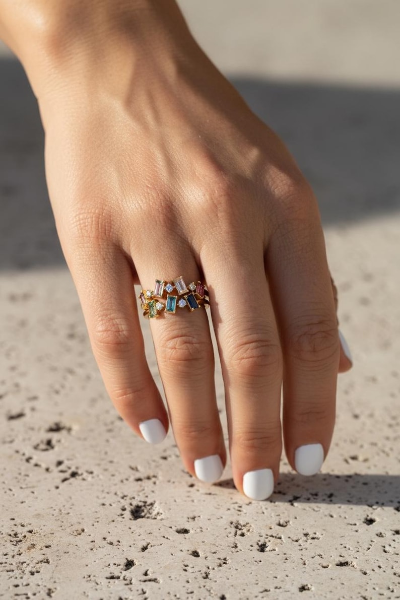 18k Gold Vermeil Colourful Zircon Stacking Rings | Emerald-green ...