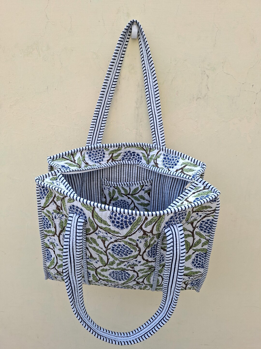 Block Print Quilted Tote Bag Indian Cotton Beautiful Handmade Shopping ...