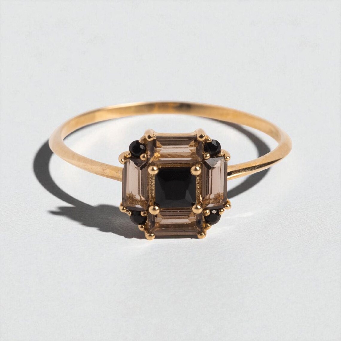 Square Cut Black Onyx Ring Smokey Quartz Yellow Gold Engagement Ring ...