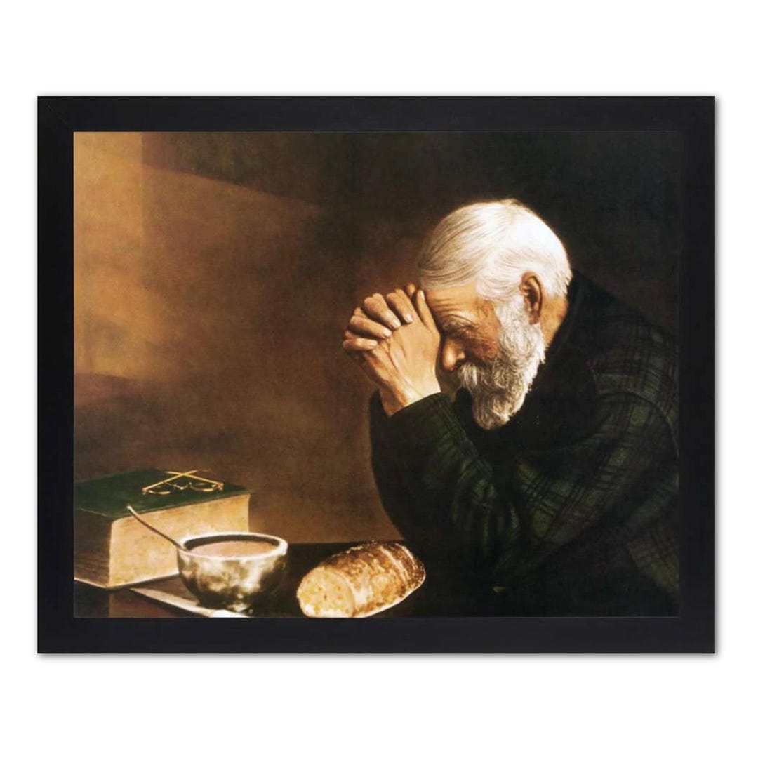Daily Bread Man Praying at Dinner Table Grace Religious Wall Picture ...