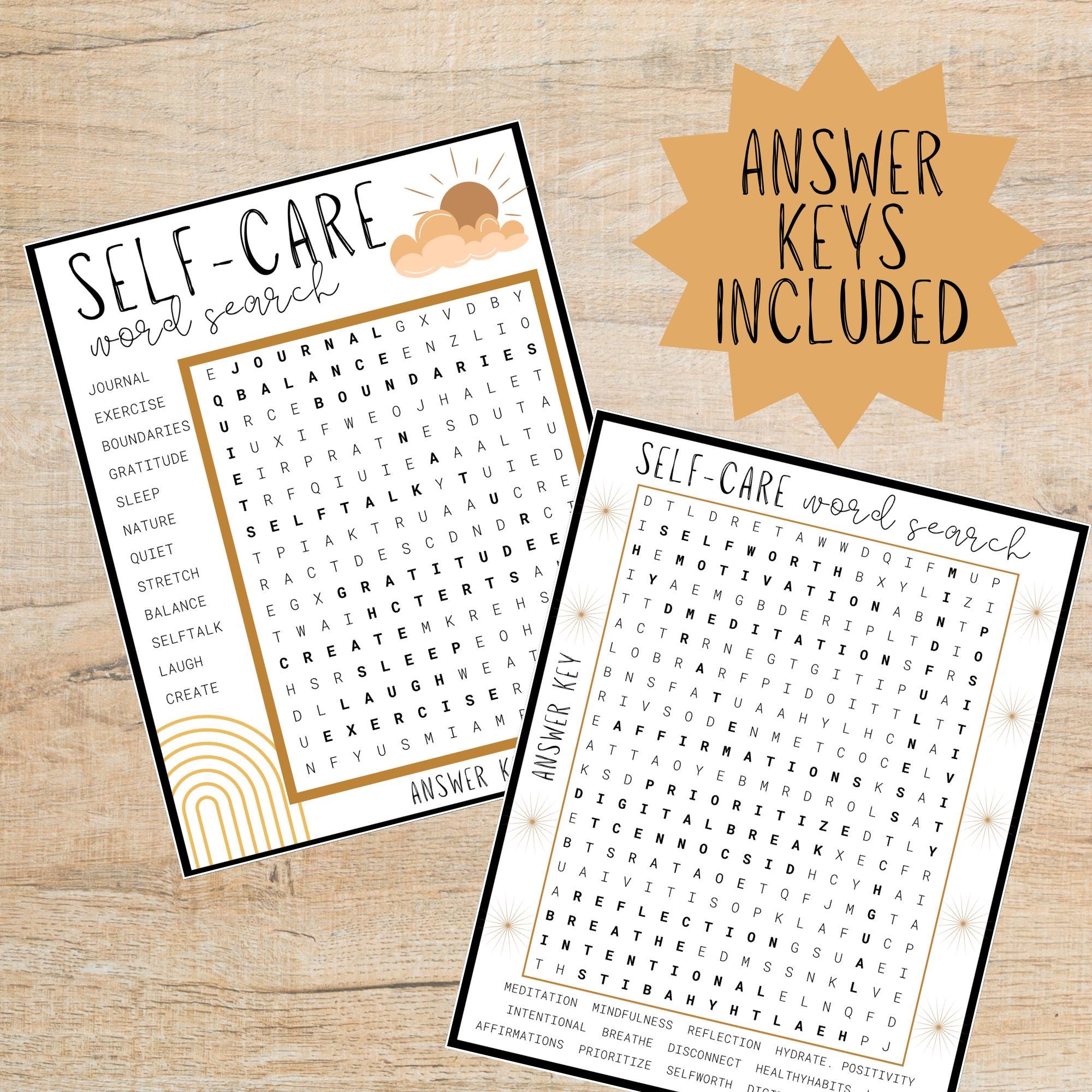 Self-care Word Search Puzzle Bundle: Mental Health Activity (PDF ...