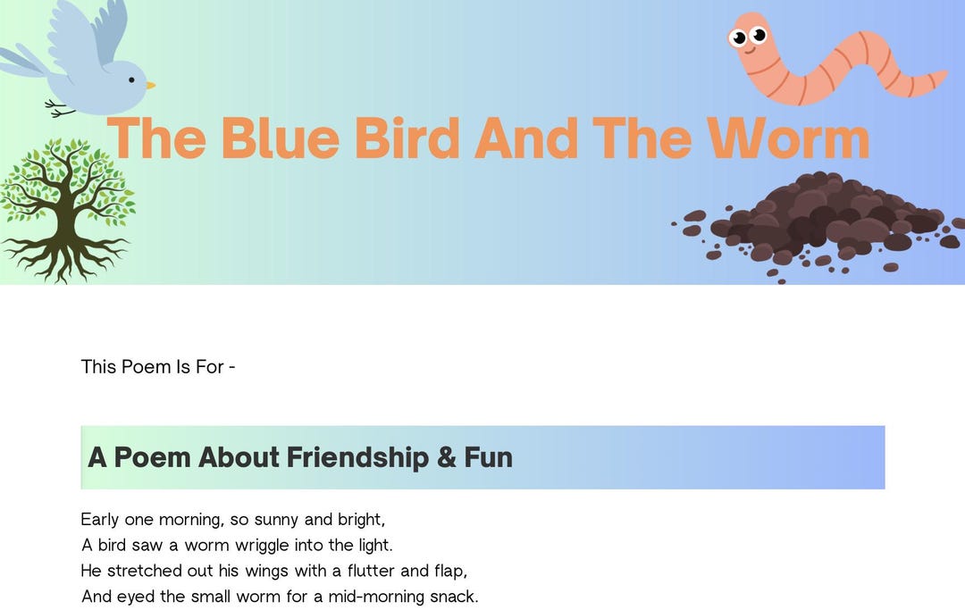 Printable Children's Poem - the Blue Bird and the Worm - Etsy