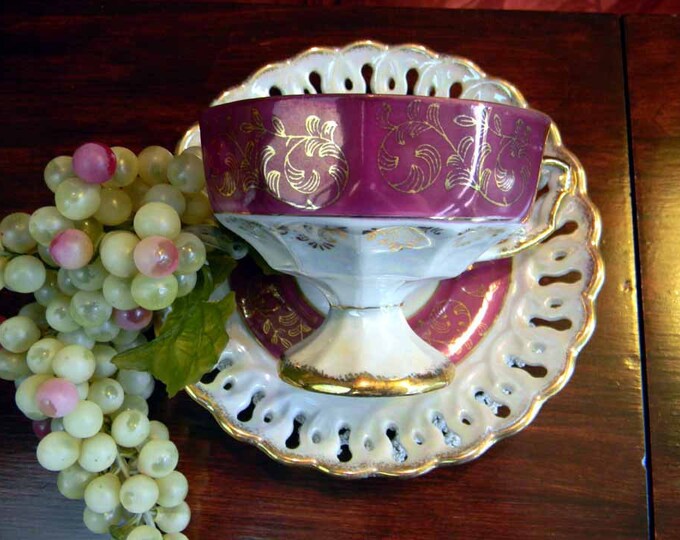 Royal Crown Tea Cup Crimson Iridescent Pedestal Teacup and Reticulated ...