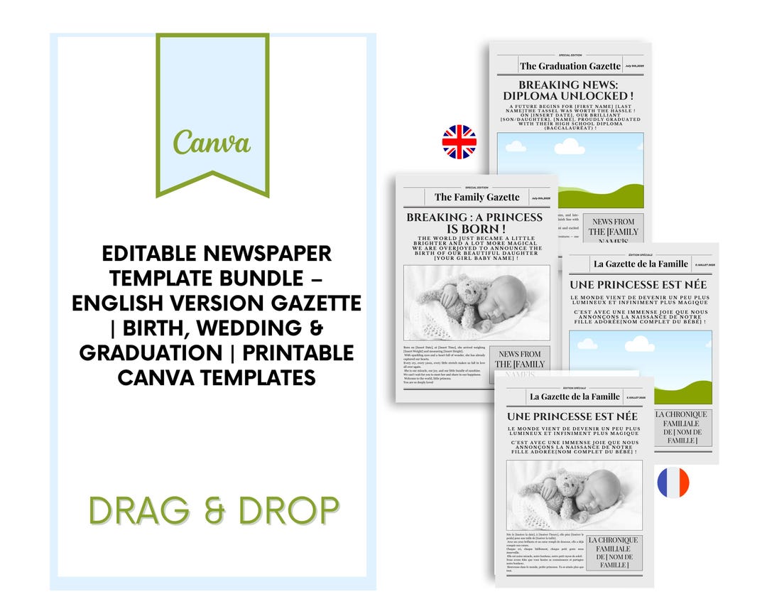 Gazette & Journal Template Bundle – Canva Editable FR-EN – Wedding ...
