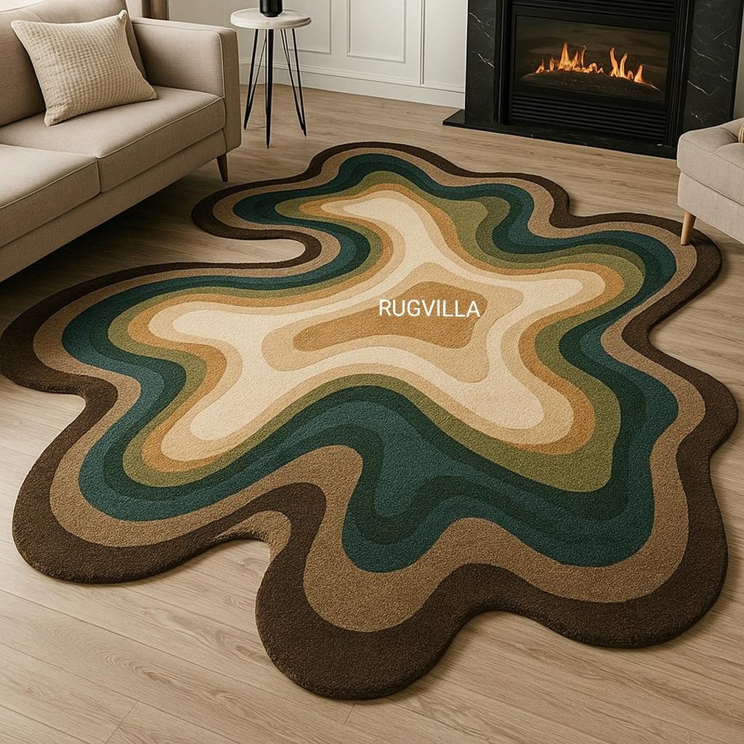 Retro Wavy Hand Tufted Irregular Amoeba Shape 9x12 Bedroom Rug, Modern ...