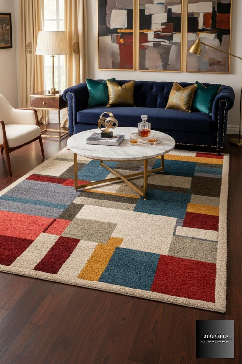 Mid Century Modern Geometric Shag Rug – Bauhaus Color Block Abstract ...