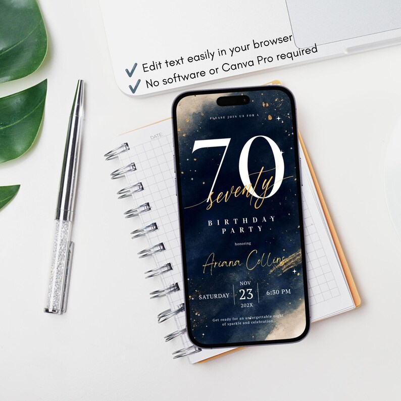 70th Birthday Invitation Animated, Navy and Gold Seventy Party Invite ...