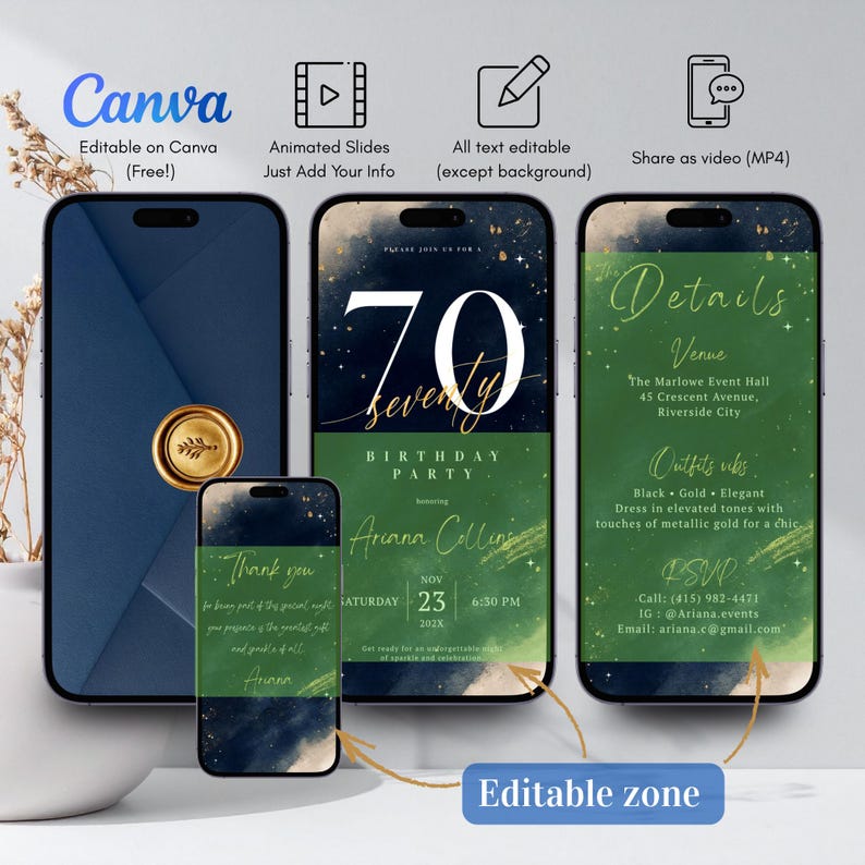 70th Birthday Invitation Animated, Navy and Gold Seventy Party Invite ...