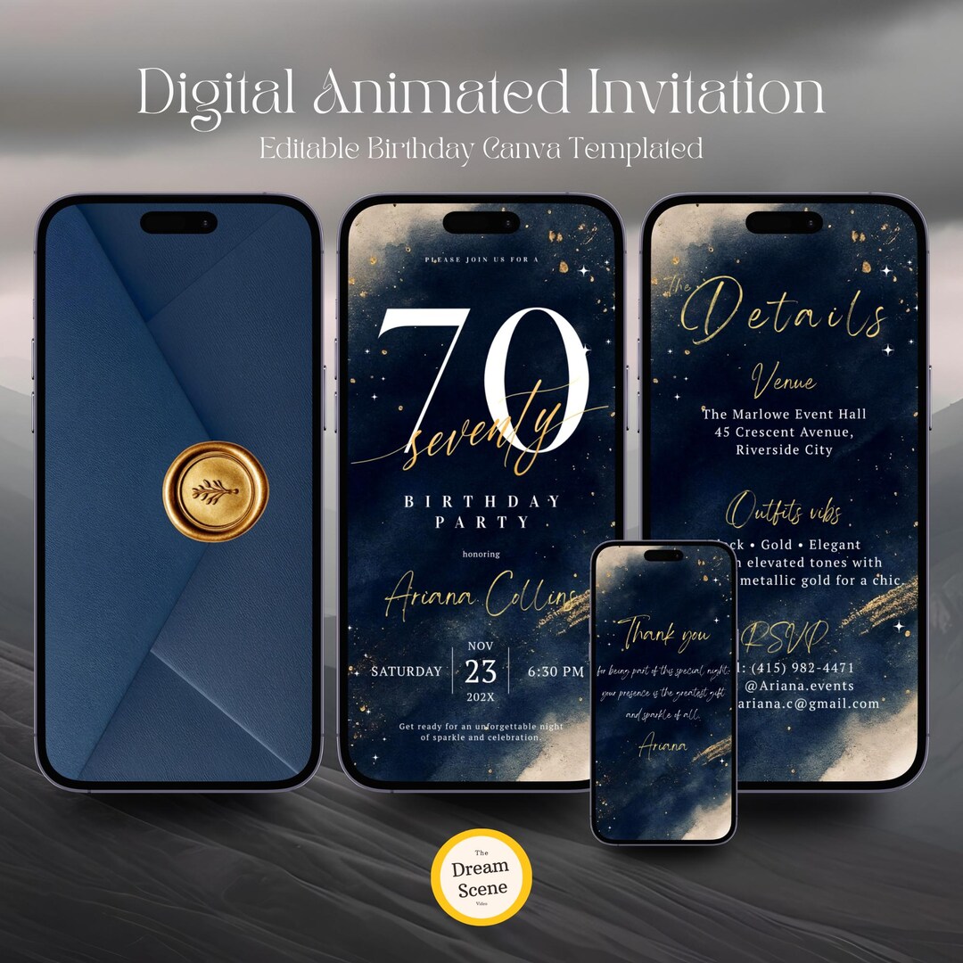 70th Birthday Invitation Animated, Navy and Gold Seventy Party Invite ...
