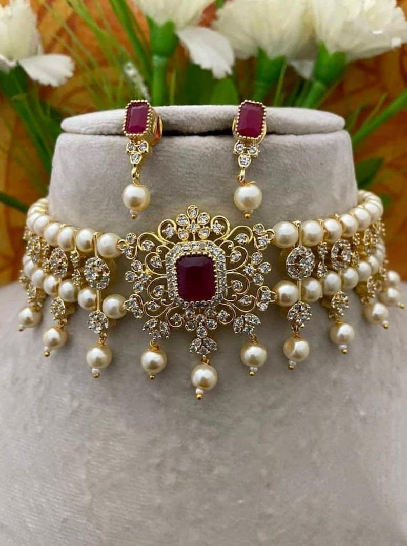 Kundan Choker Jewelry Set, Gold Plated Necklace With Earrings ...