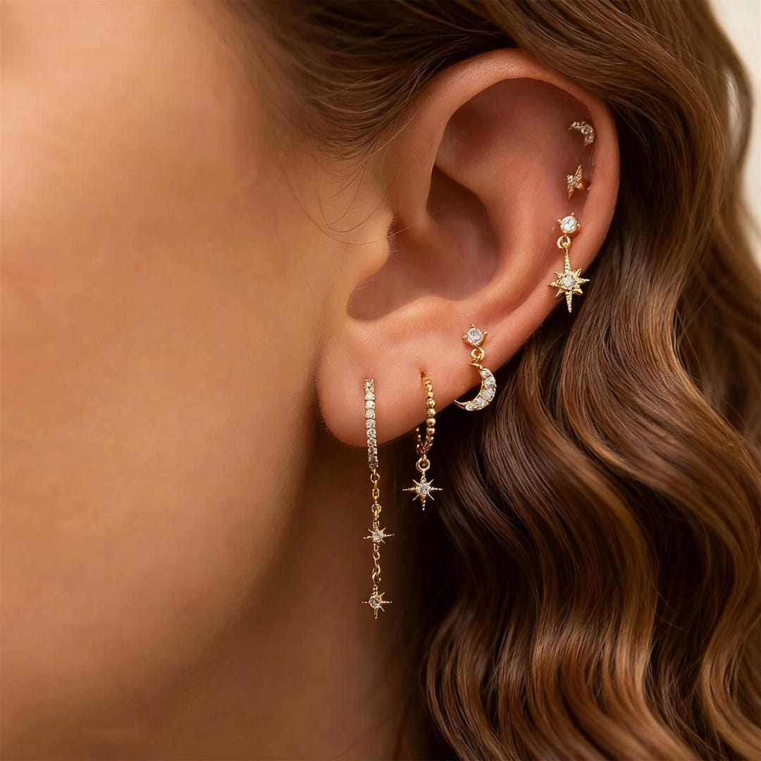 Gold Star and Moon Dangle Earring Set, CZ Stacking Earrings - Etsy