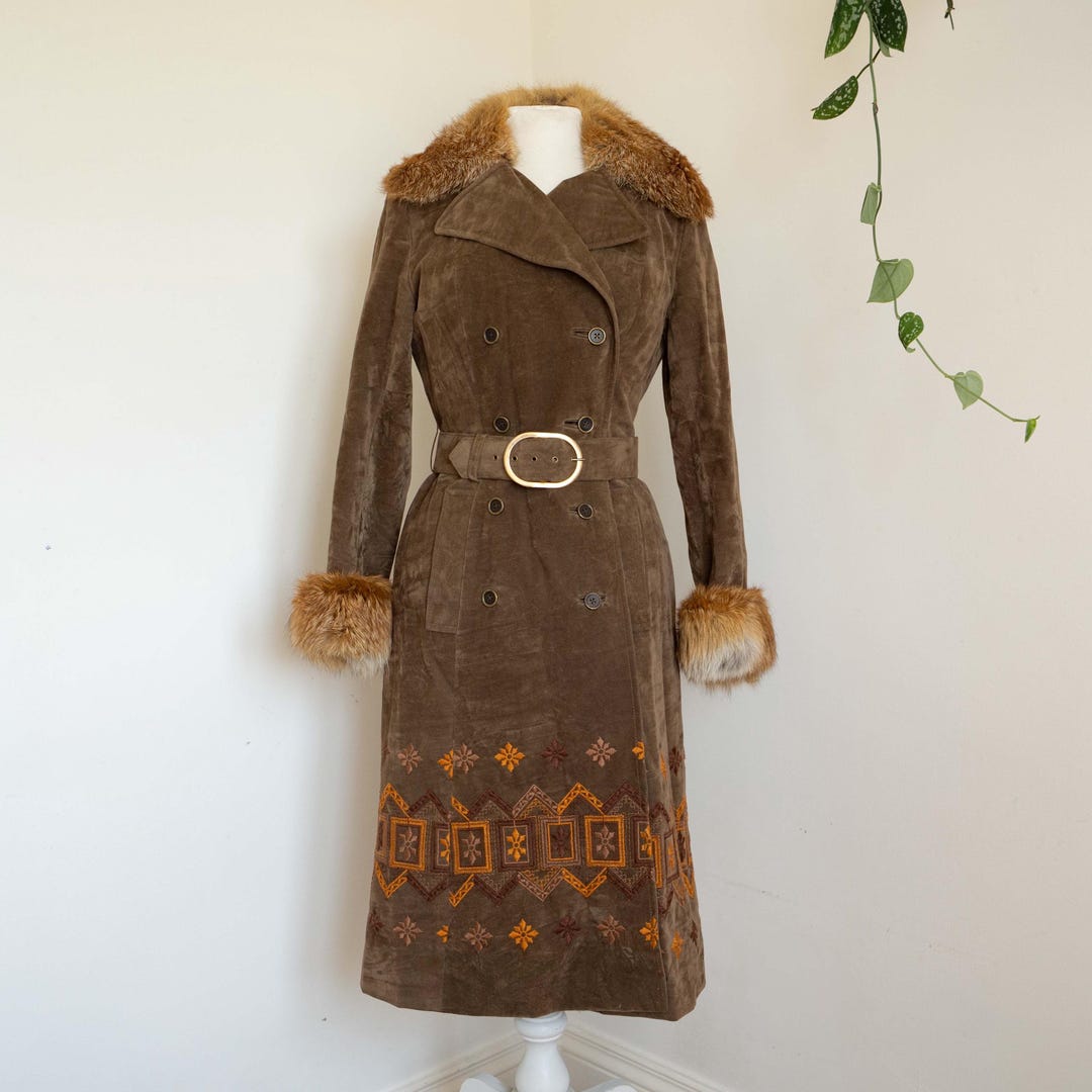 1970s Anthony Charles Koupy Hippy Boho Brown Suede Fur Trim Long Coat ...