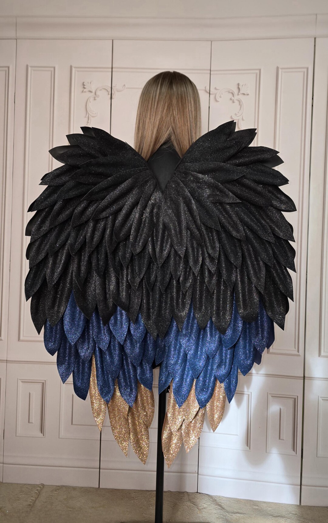 Tricolor Glitter Angel Wings – Black Blue Gold Fantasy Costume ...