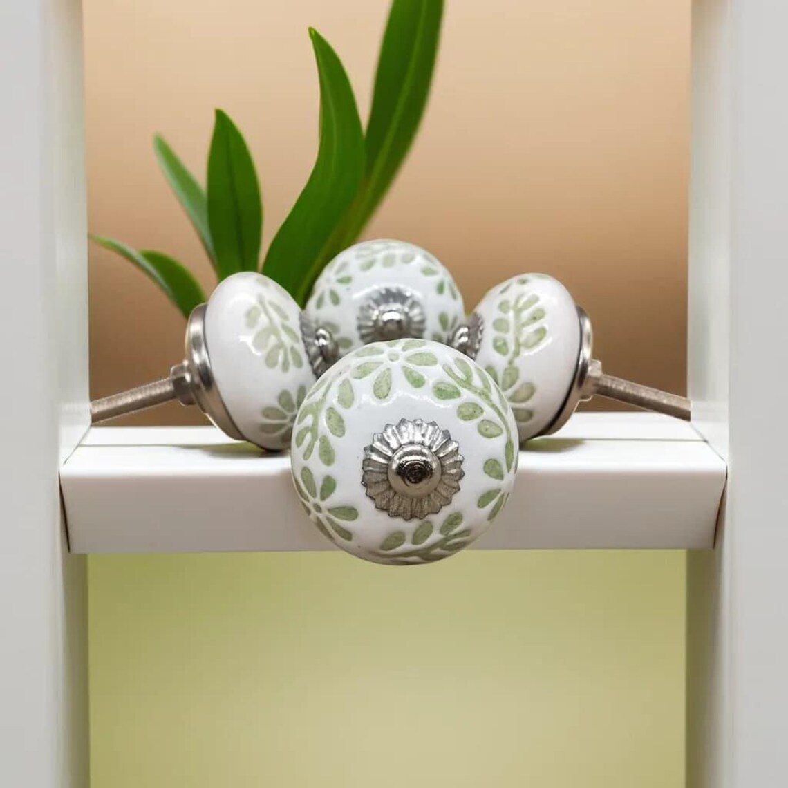 Hand-painted Floral Ceramic Knobs: Green & White Boho Drawer Pulls - Etsy