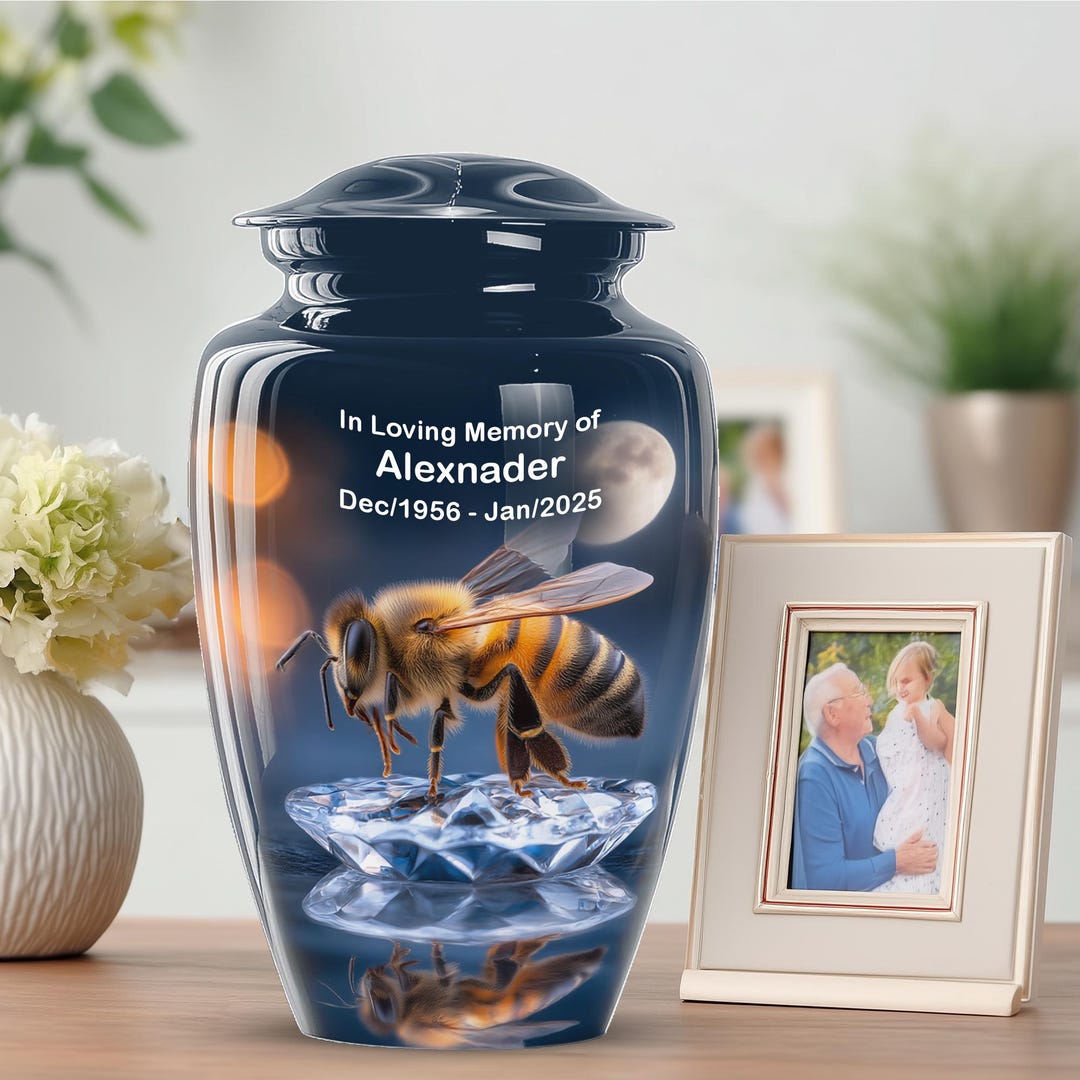 Bee Memorial Cremation Urn – Moon & Diamond Design, Blue Funeral ...