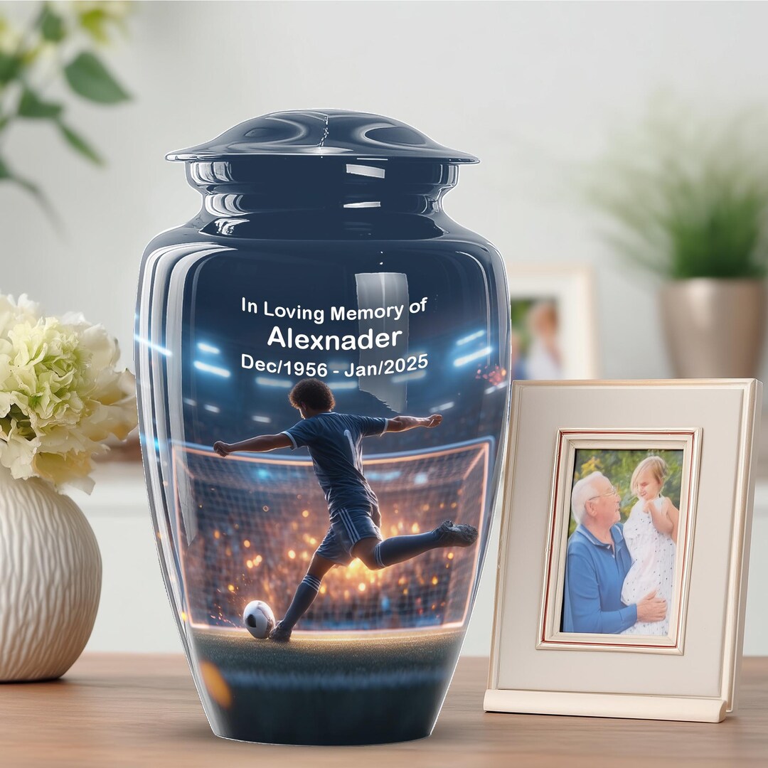 Personalized Soccer Memorial Urn – Custom Sports Keepsake, Blue ...